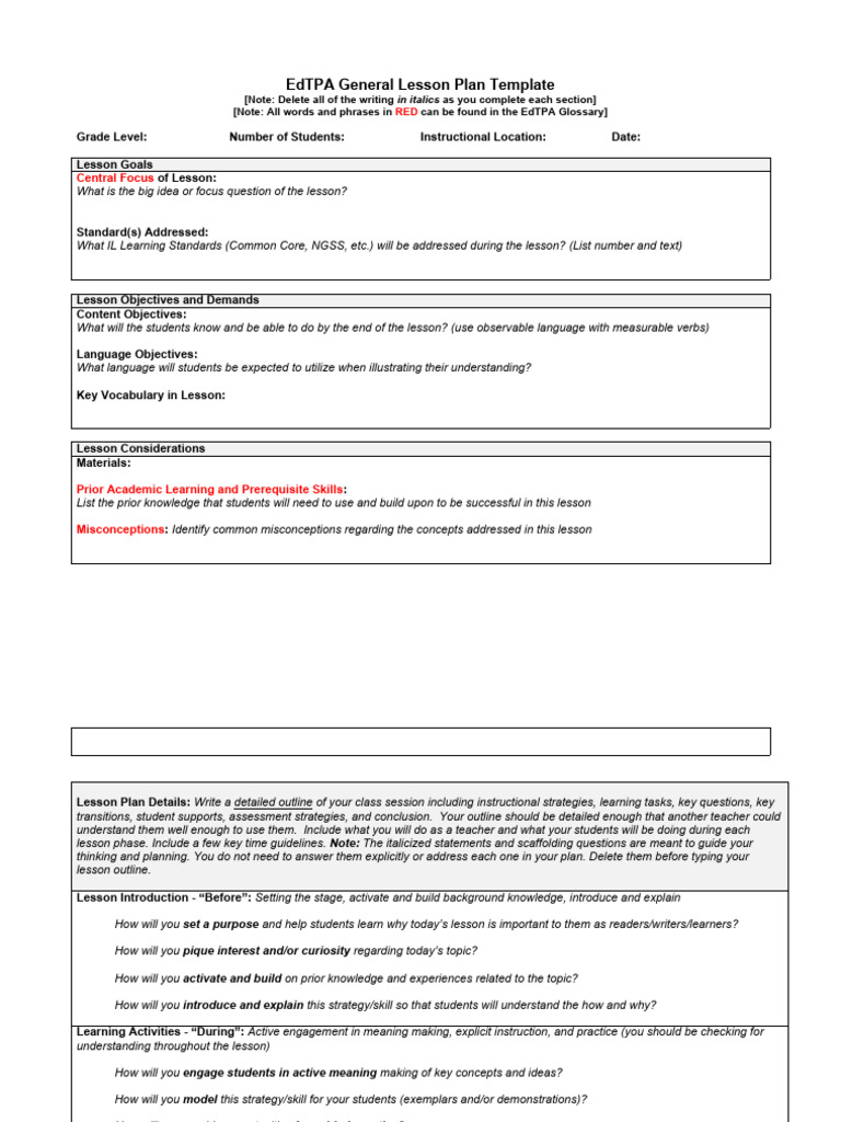 Edtpa General Lesson Plan Template | PDF | Lesson Plan | Educational ...