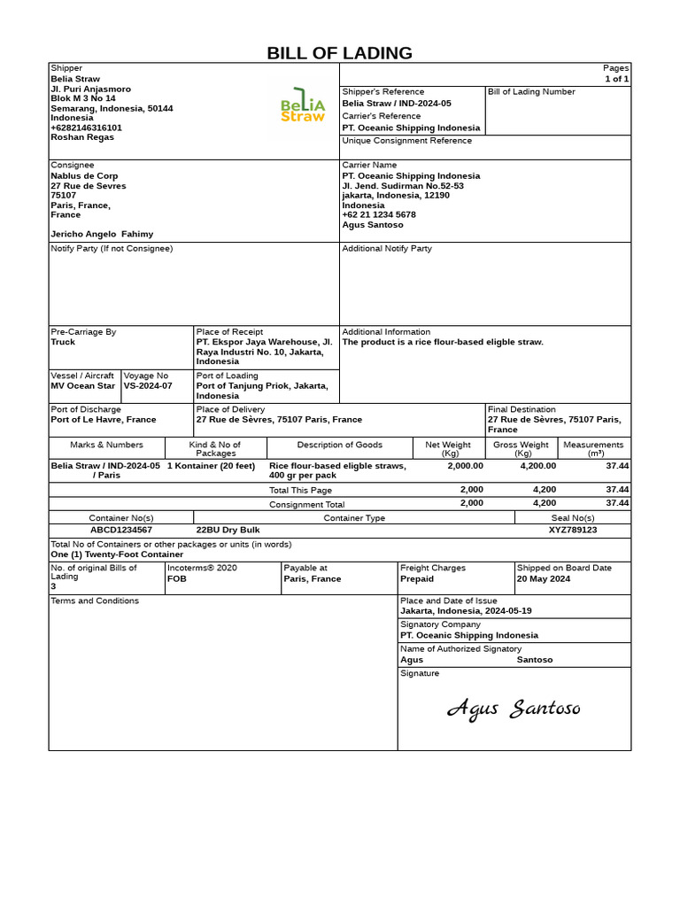 Contoh Bill of Lading | PDF | Cargo | Bill Of Lading