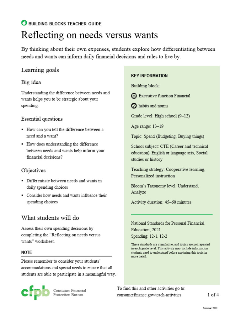 Lesson Plan-Reflecting Needs Versus Wants Guide | PDF | Learning ...