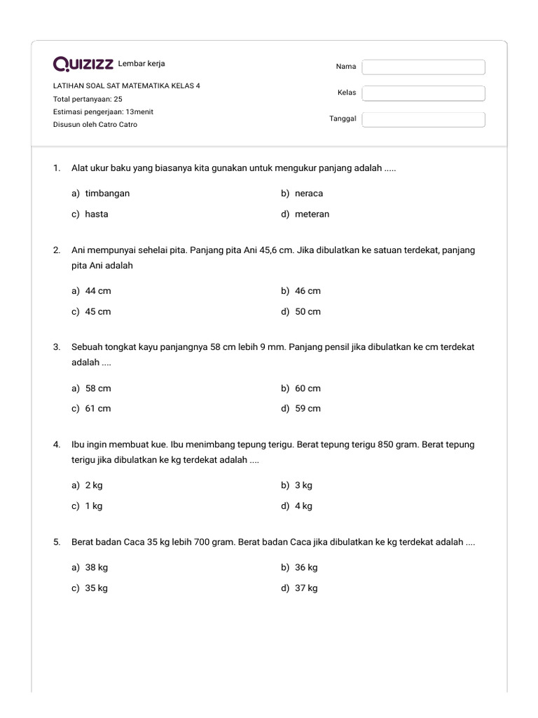 Latihan Soal Sat Matematika Kelas 4 _ Quizizz | PDF