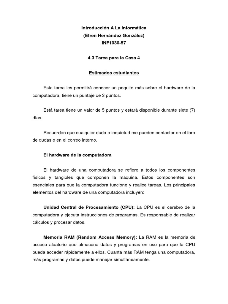 Introducción A La Informática Tarea 4.3 | PDF | Hardware de la computadora | Memoria de acceso ...