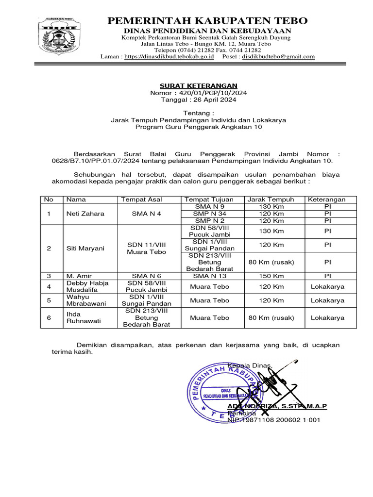 Surat Keterangan Jarak Tempuh PGP 10 | PDF