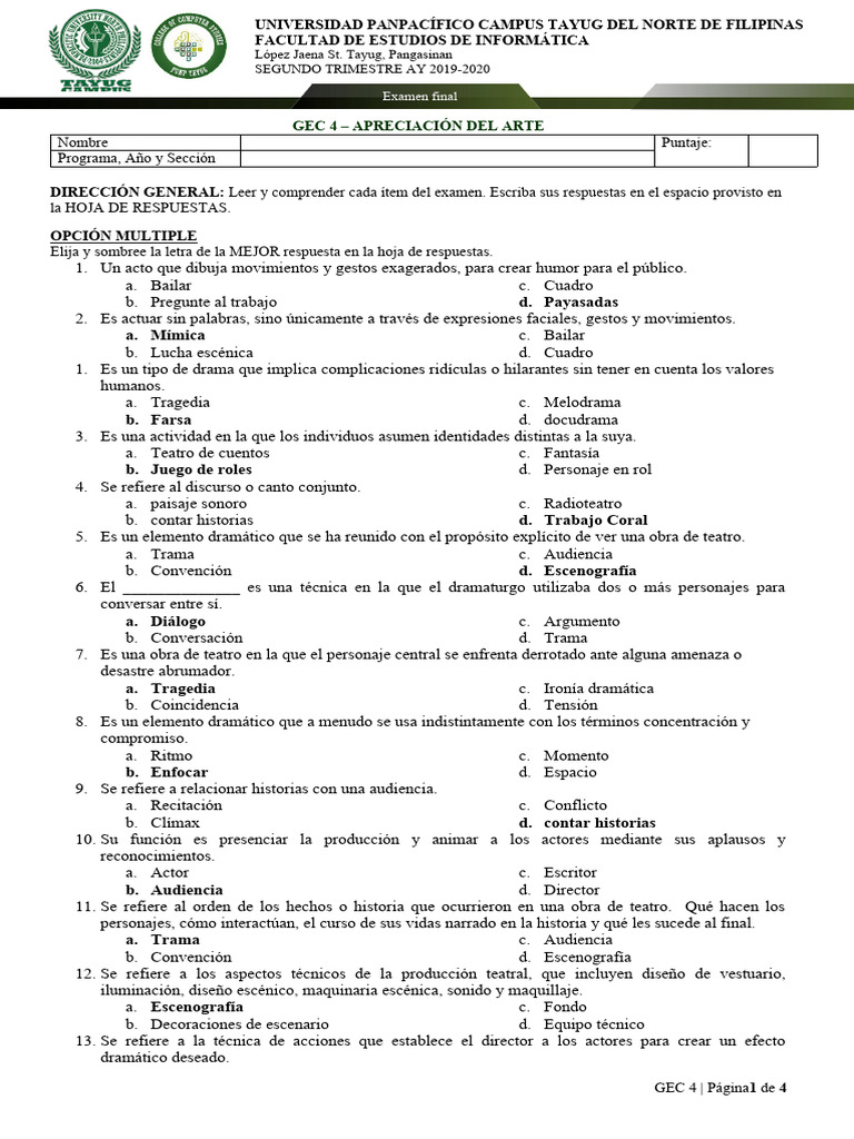 Gec 4 - Examen Final de Apreciación Del Arte | PDF | Teatro | Interino