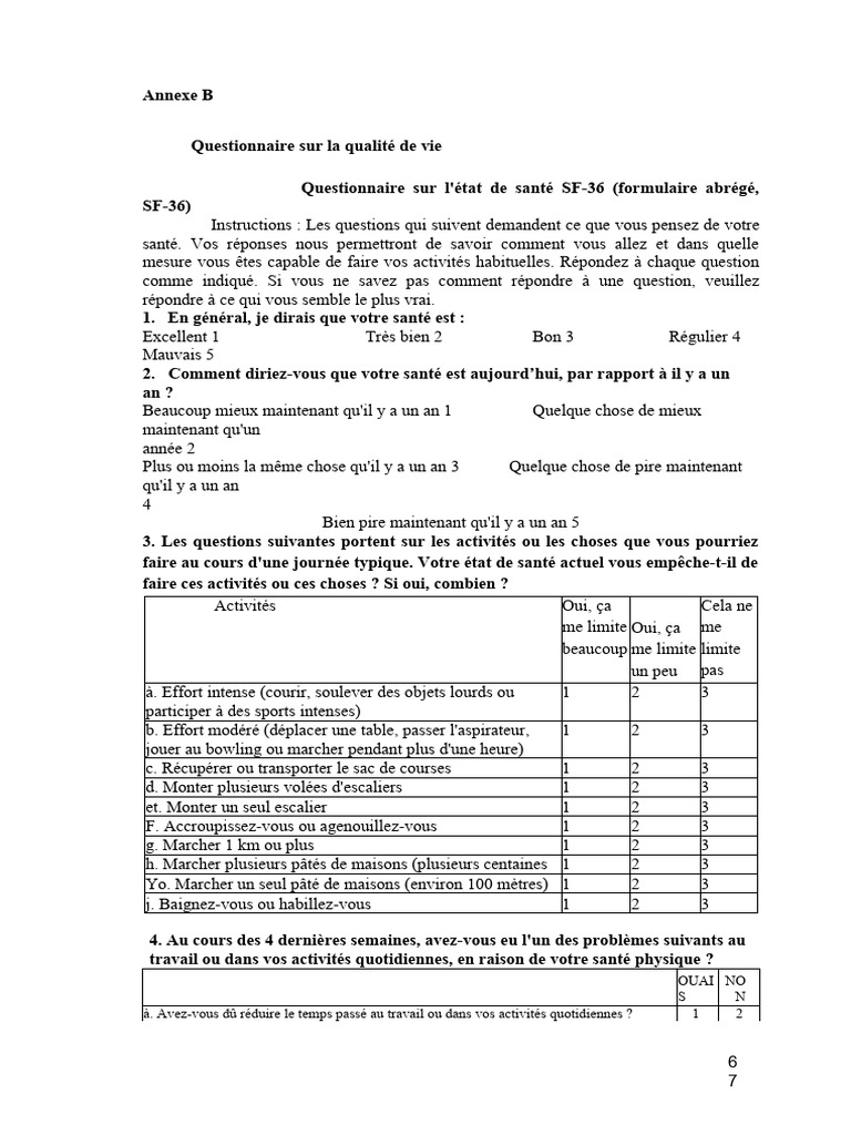 Questionnaire SF-36 sur la qualité de vie | PDF | Qualité de vie