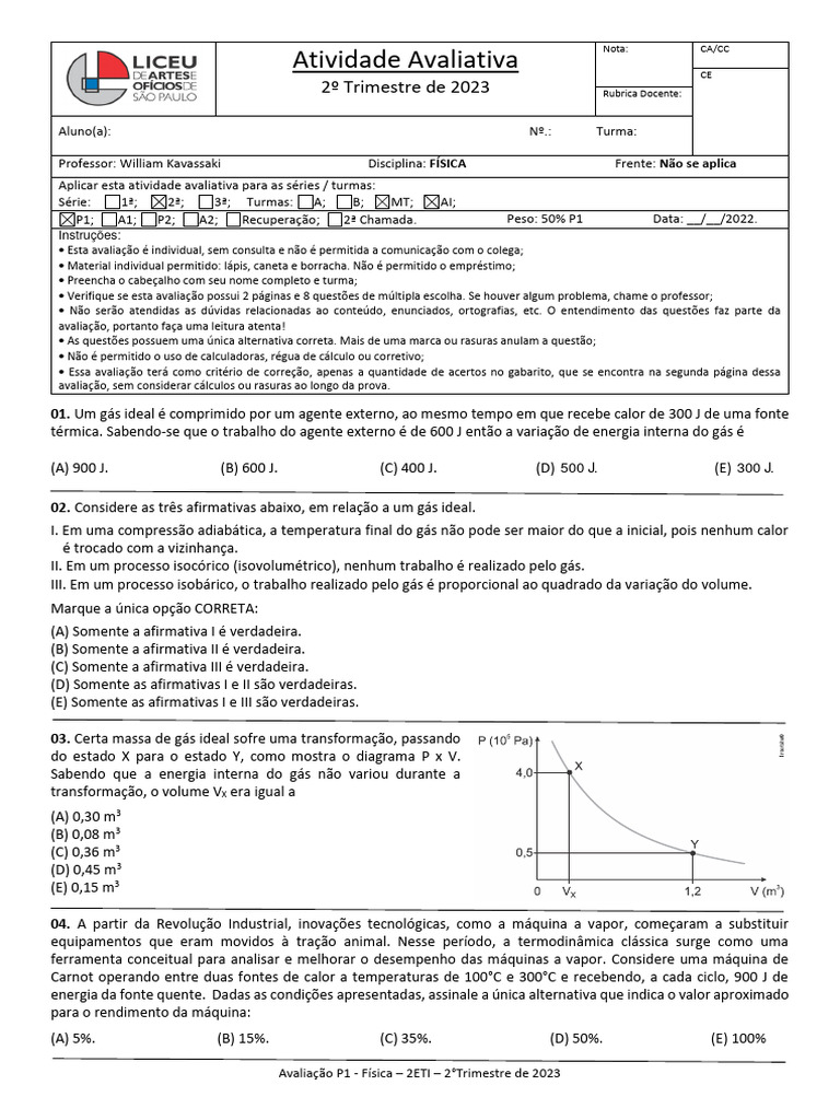 Gabarito Fis p1 2ano Tec 2trim 2023 | PDF | Termodinâmica | Química Física