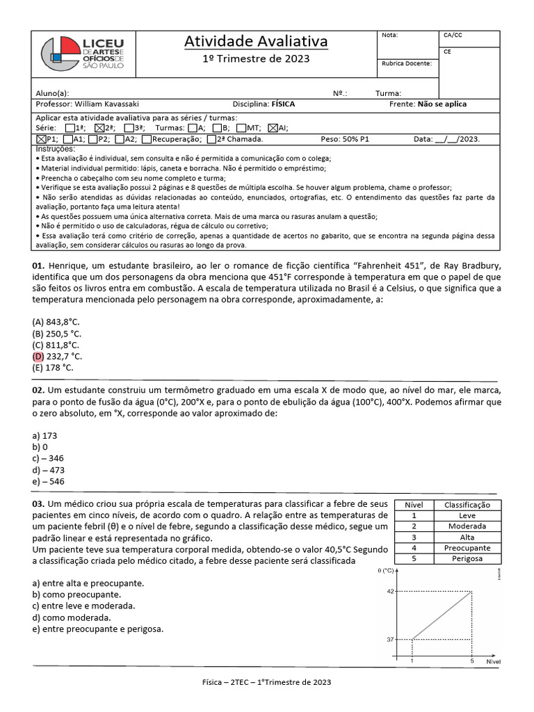 Gabarito Fis p1 2ano Tec Ai 2023 | PDF | Celsius | Temperatura