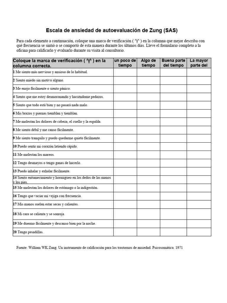 Escala de Ansiedad de Autoevaluación de Zung, SAS | PDF