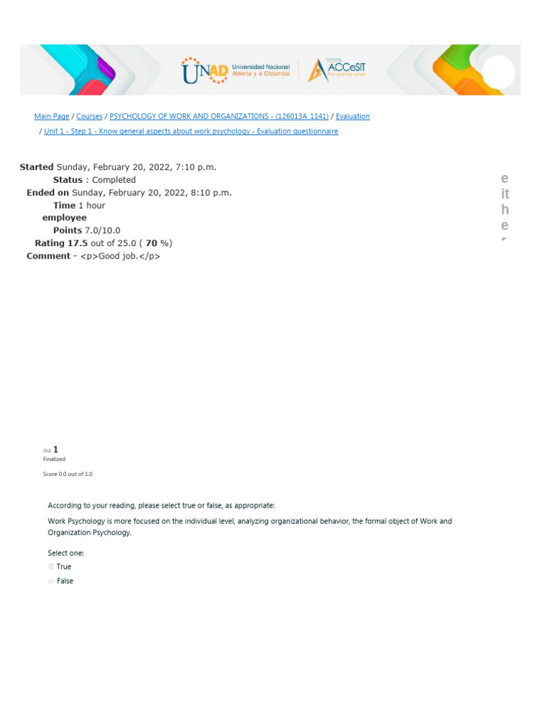 Unit 1 - Step 1 - Know General Aspects of Work Psychology - Evaluation Questionnaire - Review of ...