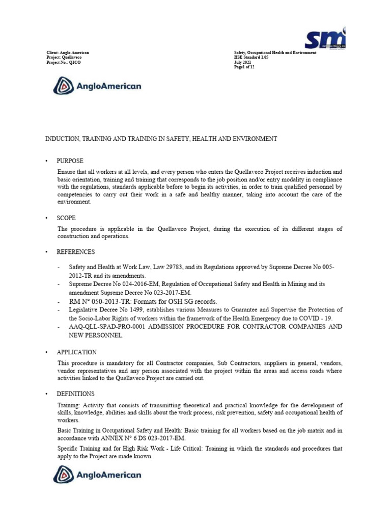 HSE Standard 1.05 INDUCTION, TRAINING AND COACHING IN SAFETY, HEALTH ...