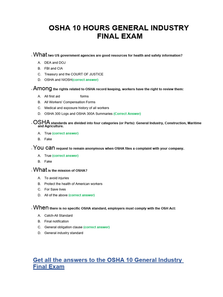 OSHA 10-Hour General Industry Final Exam Answer Key | PDF ...