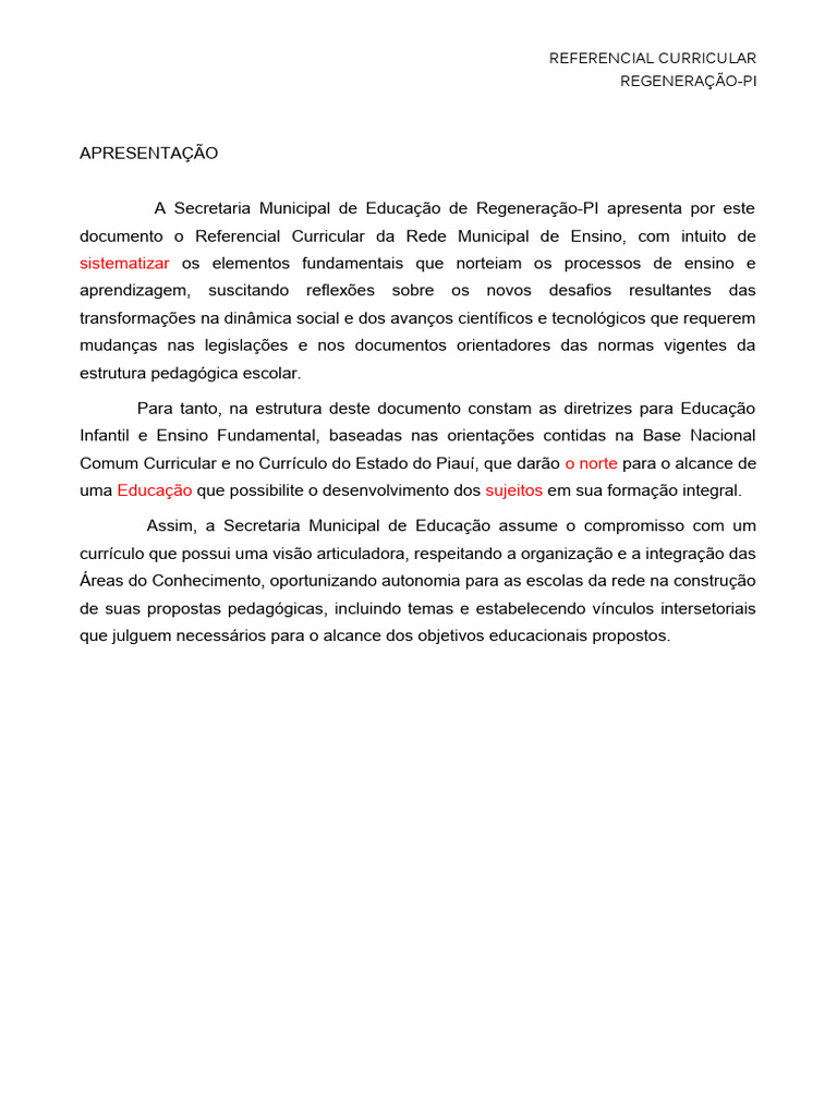 Referencial Curricular Regeneração-PI | PDF | Pré-escola | Aprendizado