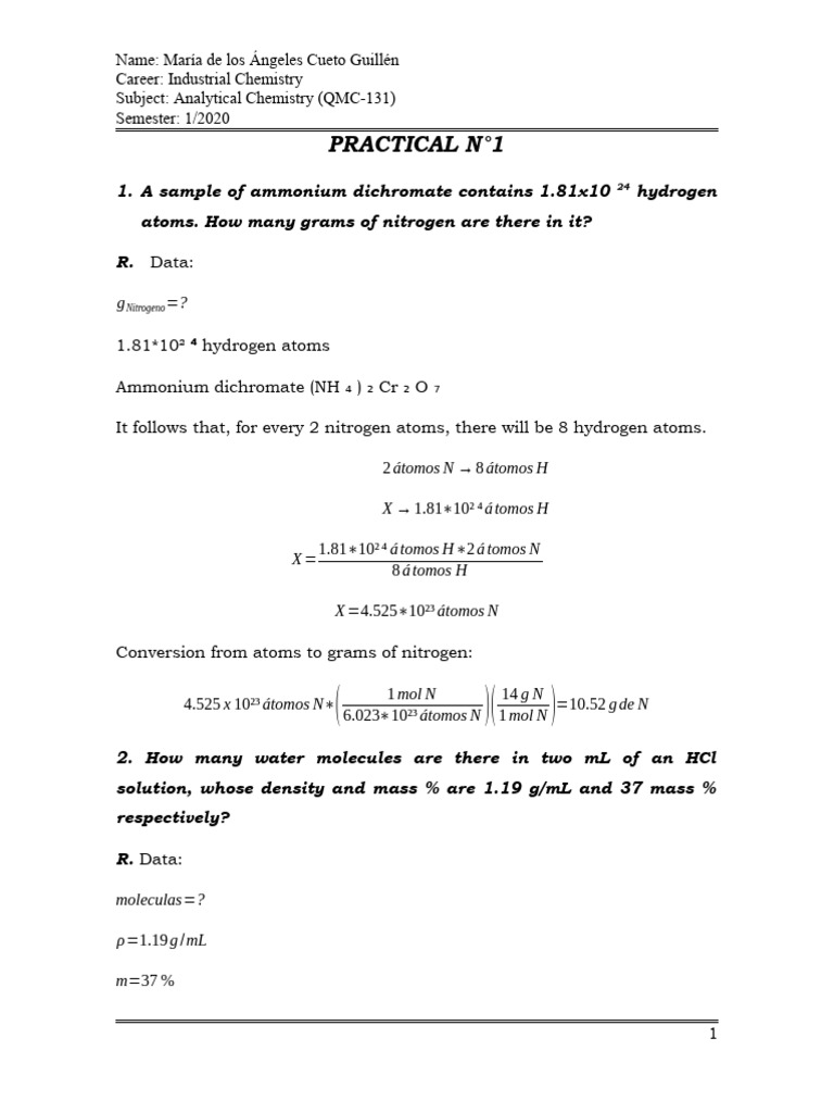 Practice No. 1 | PDF | Mole (Unit) | Concentration