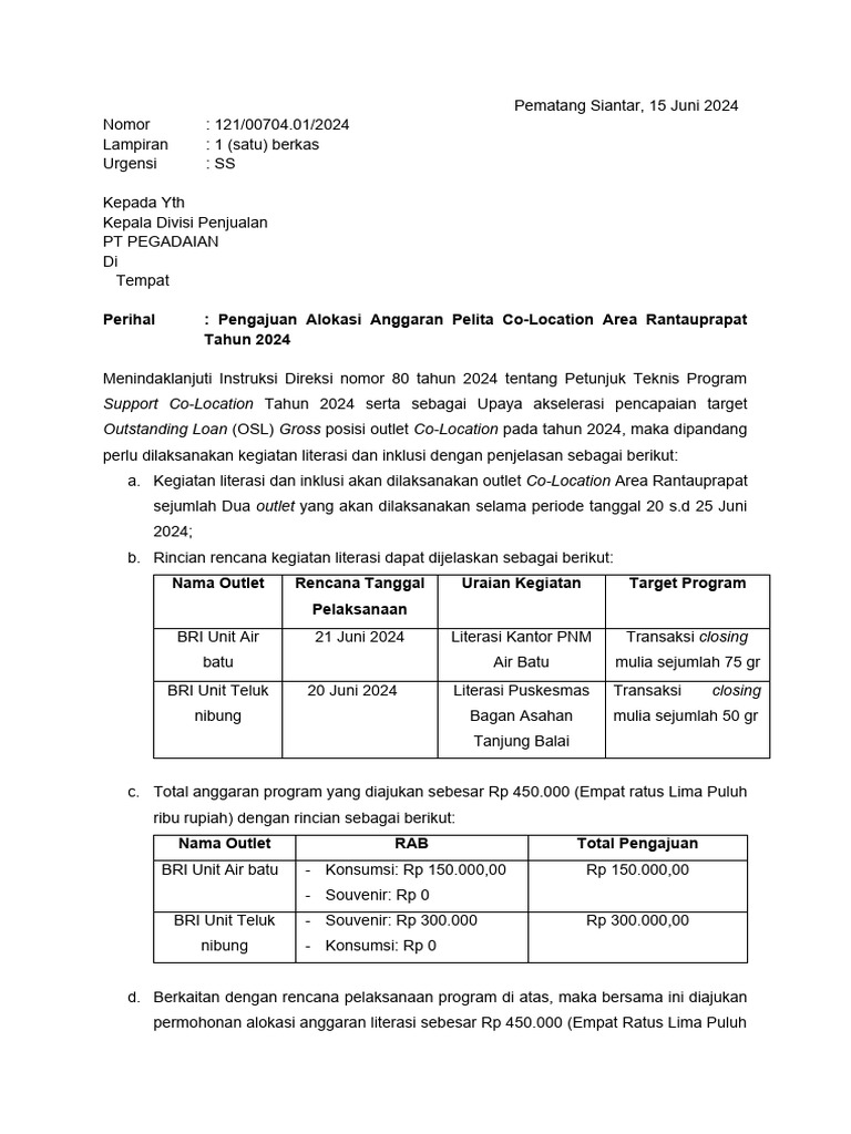 Draft Format Pengajuan Anggaran Pelita | PDF