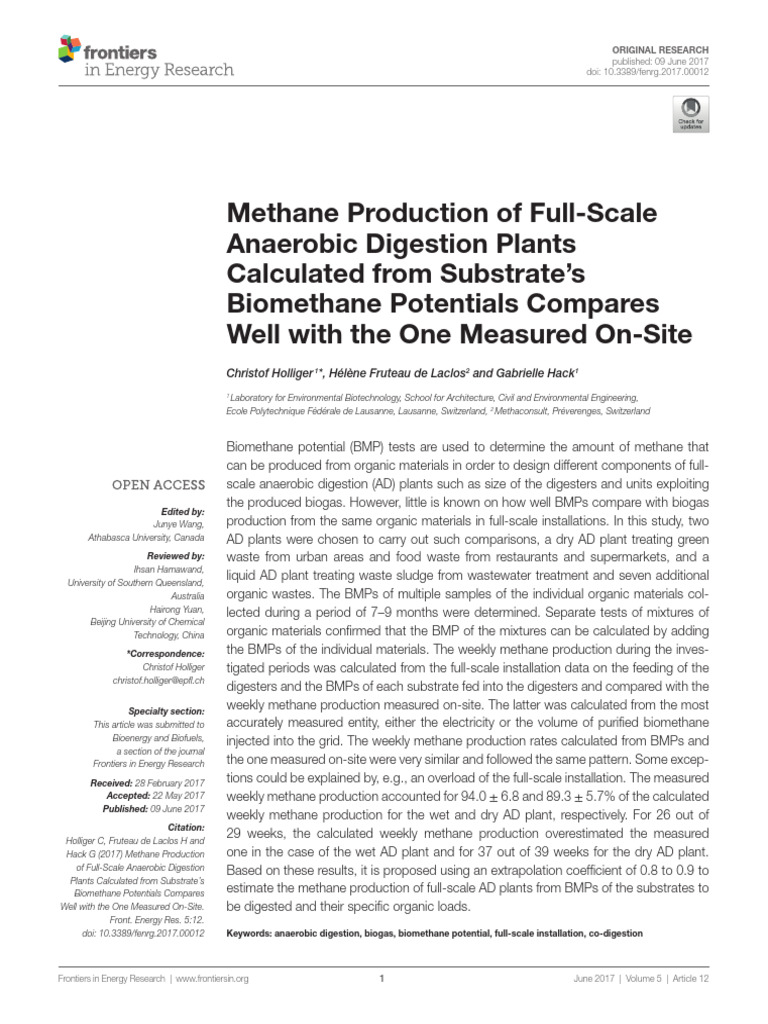 2017 - Holliger Methane Production of Full Scale Biomethane Potential | PDF | Biogas | Anaerobic ...