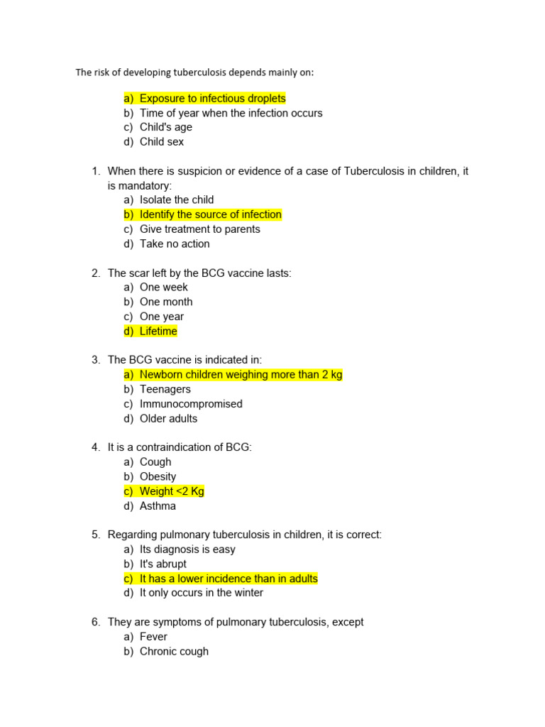 Pediatrics QUESTIONNAIRE | PDF | Tuberculosis | Medical Specialties