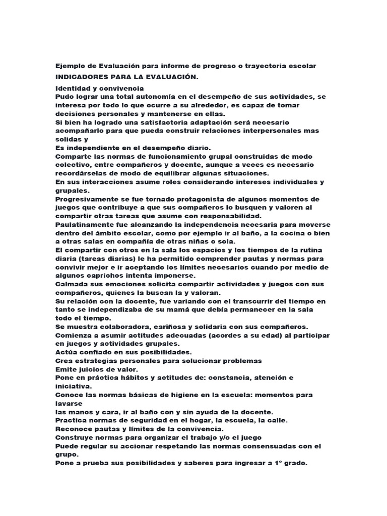 Ejemplo de Evaluación para Informe de Progreso o Trayectoria Escolar ...
