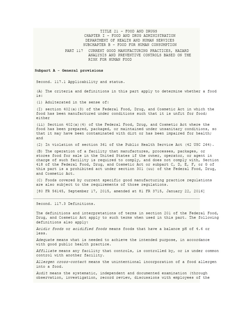 GMP Haccp - 21 CFR 117 | PDF | Cereals | Peanuts