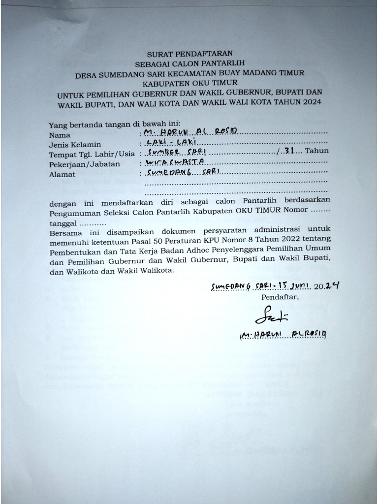Surat Pendaftaran - Rosid | PDF