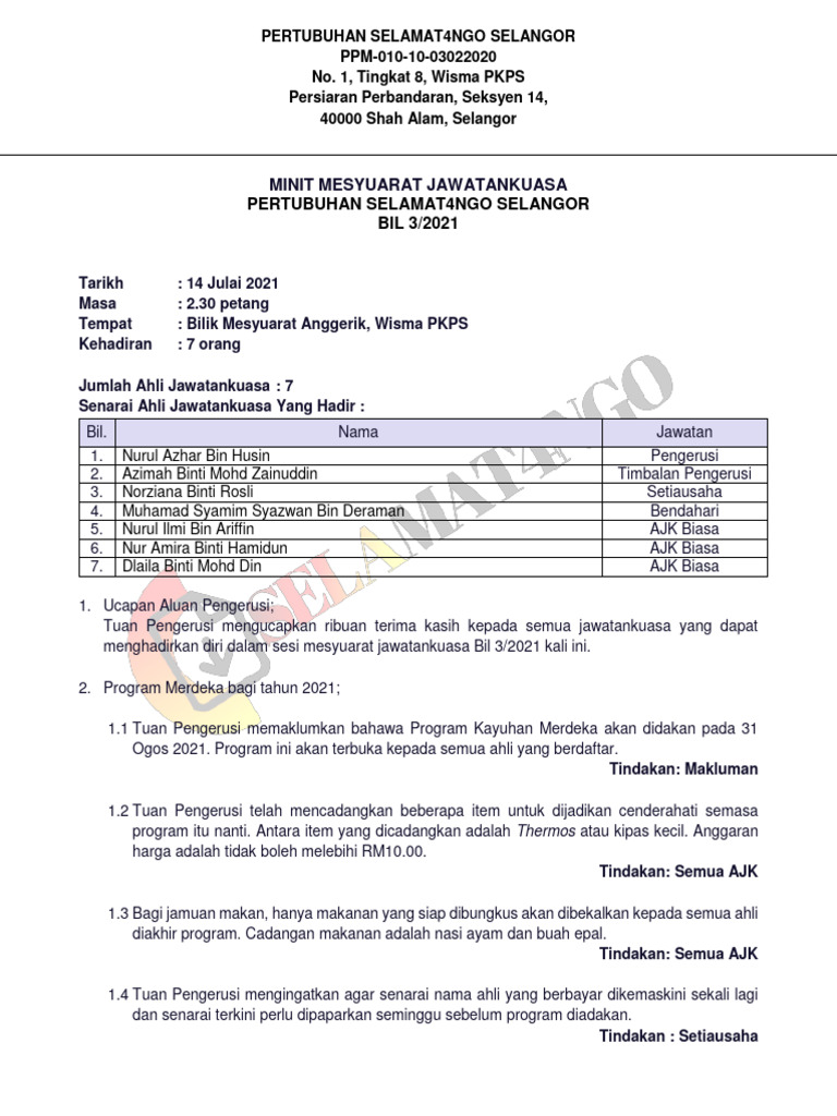 SAMPLE Minit Mesyuarat Jawatankuasa | PDF