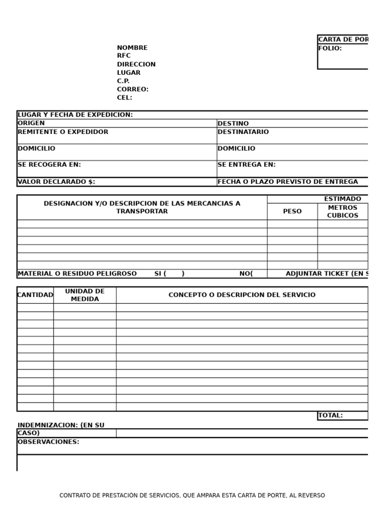 Formato para Carta Porte Segun Norma SCT | PDF