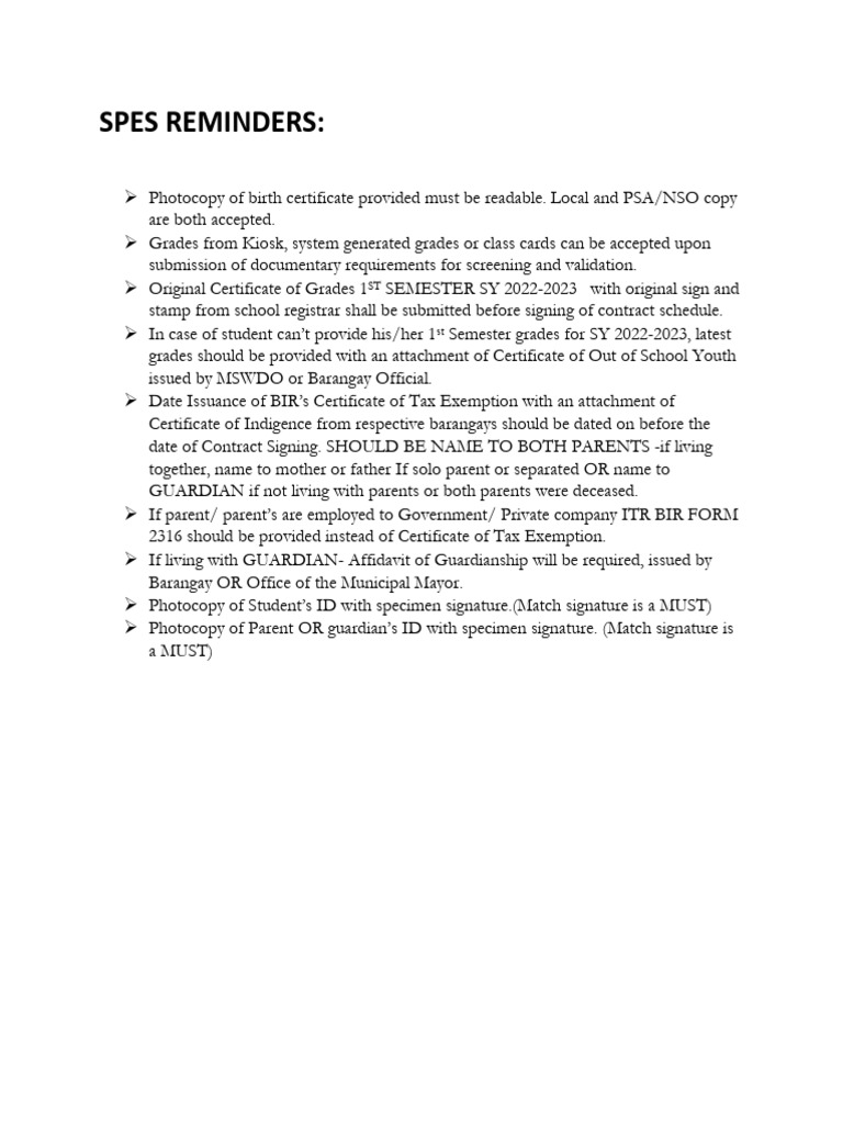 Spes Requirements Reminders | PDF