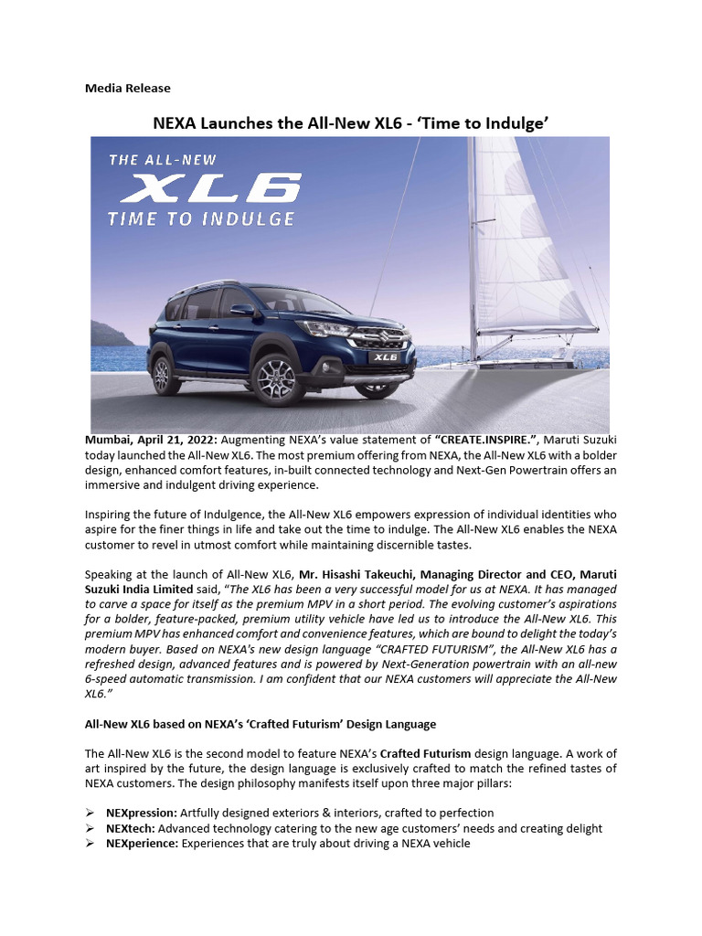 Nexa Launches The All-New Xl6-Time To Indulge | PDF | Car Body Styles | Vehicle Technology