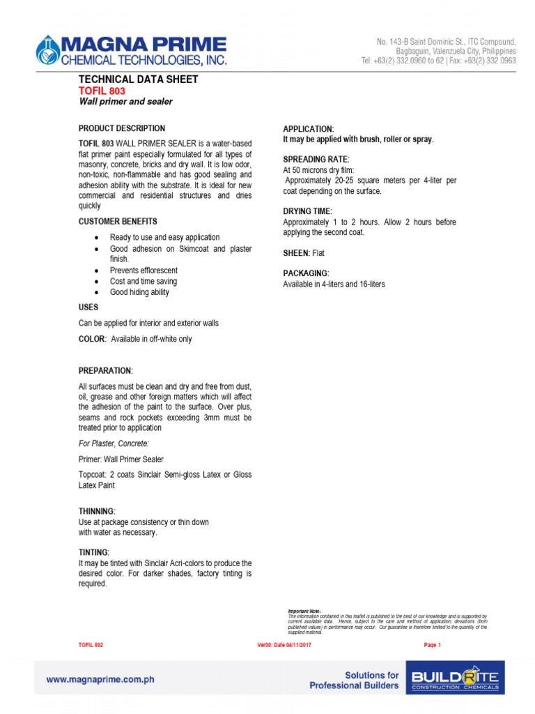Tofil 803 Wall Primer Sealer Data Sheet | PDF | Paint | Materials