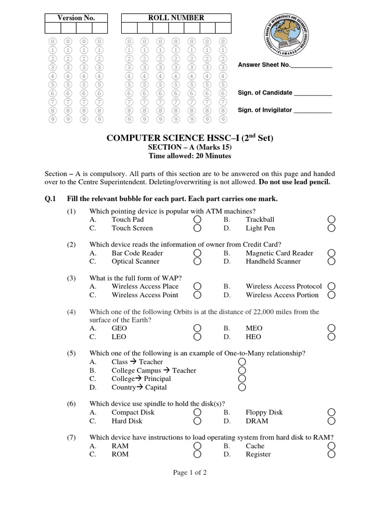 Computer Science HSSC I Model Paper | PDF | Computer Data Storage | Computer Network