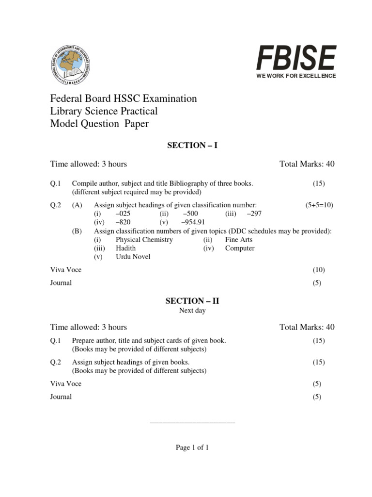 Practical Model Paper of Library Science HSSC | PDF