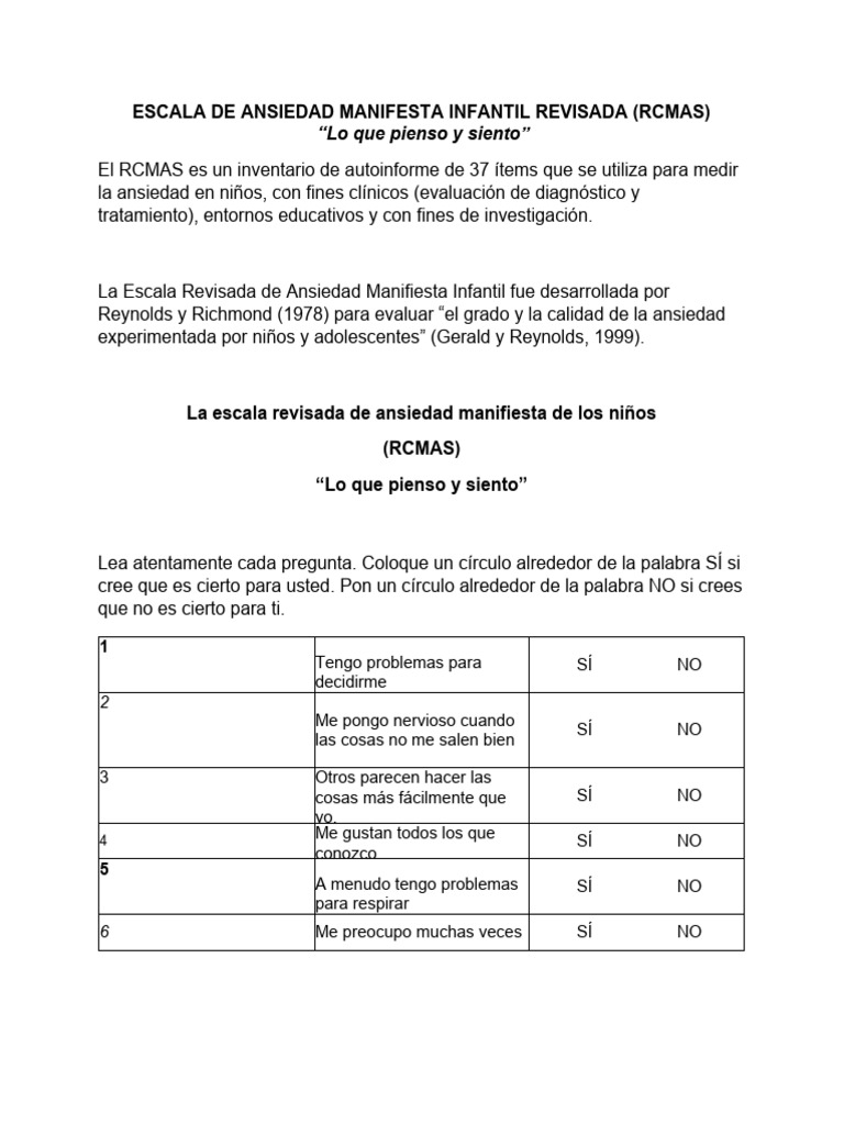 Escala Revisada de Ansiedad Manifiesta Infantil (Rcmas) : "Lo Que Pienso y Siento" | PDF ...
