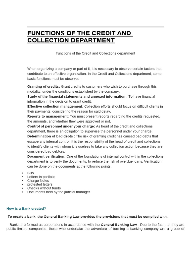 Functions of The Credit Department and | PDF | Cheque | Transaction Account