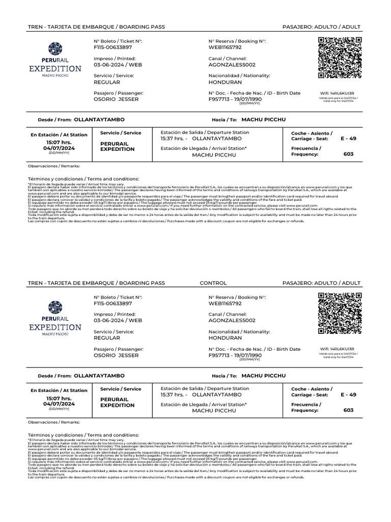 Tickets de Tren Peru Rail | PDF | Pasajero | Transporte ferroviario