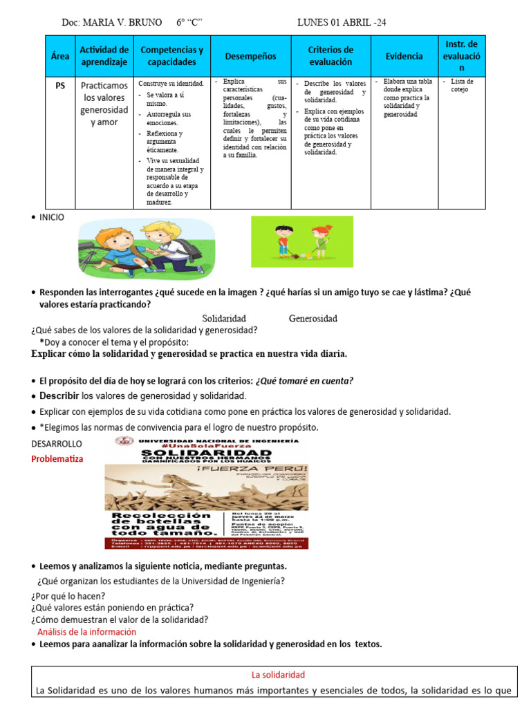 1l Ps Practicamos Los Valores Generosidad Y Amor Pdf Solidaridad Amor