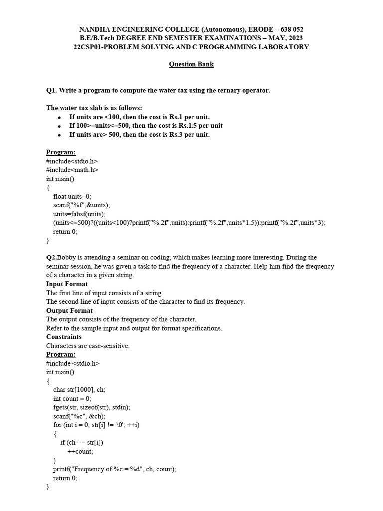 PSCP LAB (End Sem Question Bank) | PDF | Integer (Computer Science) | Computer Programming