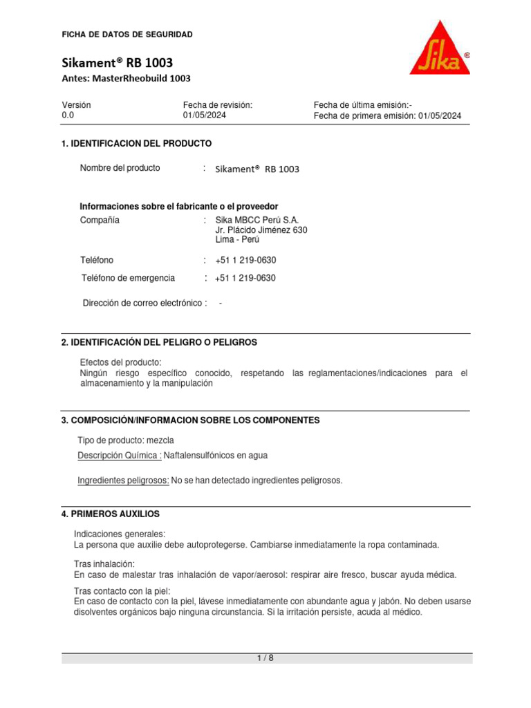 SDS Sikament RB 1003 Anteriormente MasterRheobuild 1003 | PDF | Agua ...
