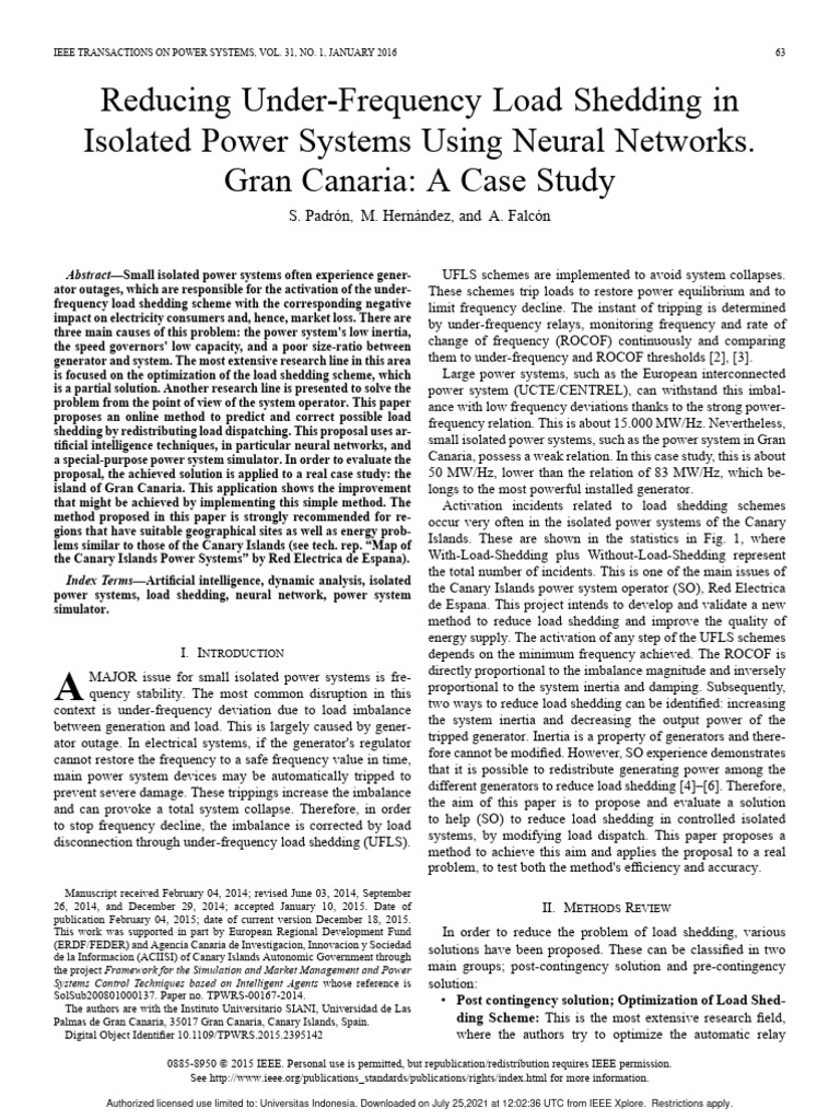 Reducing Under-Frequency Load Shedding in Isolated Power Systems Using Neural Networks. Gran ...