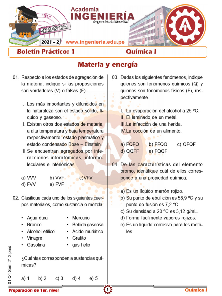 Química 1 - Práctica - Intensivo - Semana-01 | PDF | Agua | Sustancias ...