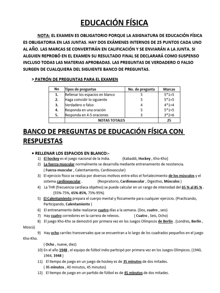 Banco de Preguntas de Educación Física Con Respuestas | Descargar gratis PDF | Aptitud física ...