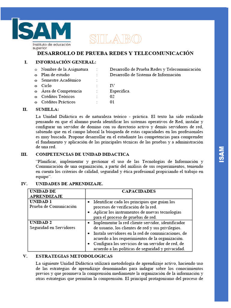 SILABO Desarrollo de Prueba Redes y Telecomunicación | PDF | Evaluación | Servidor (Computación)