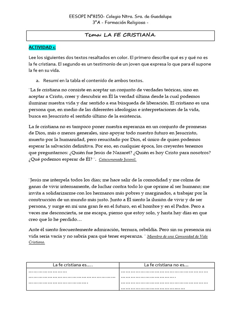Material y Actividades LA FE CRISTIANA | PDF | Fe | Dios