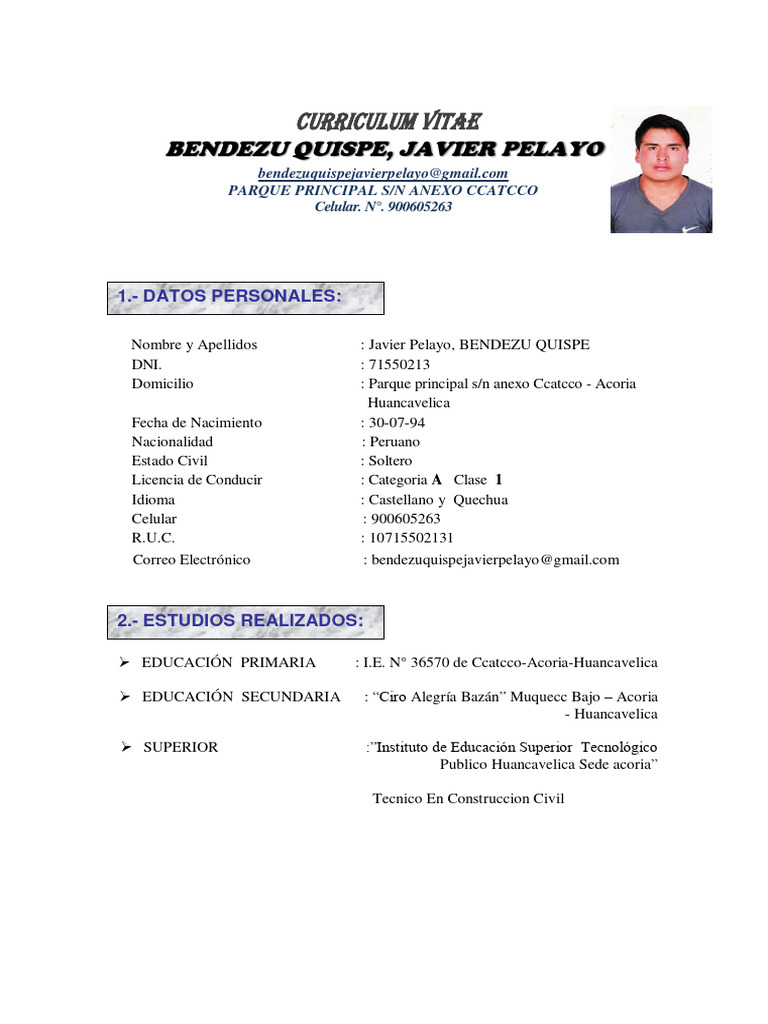 CURRICULUM VITAE Javier Pelayo Bendezu Quispe | PDF