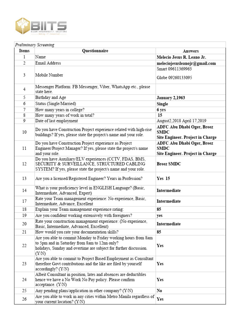 BIITS Questionnaire For Preliminary Screening | PDF
