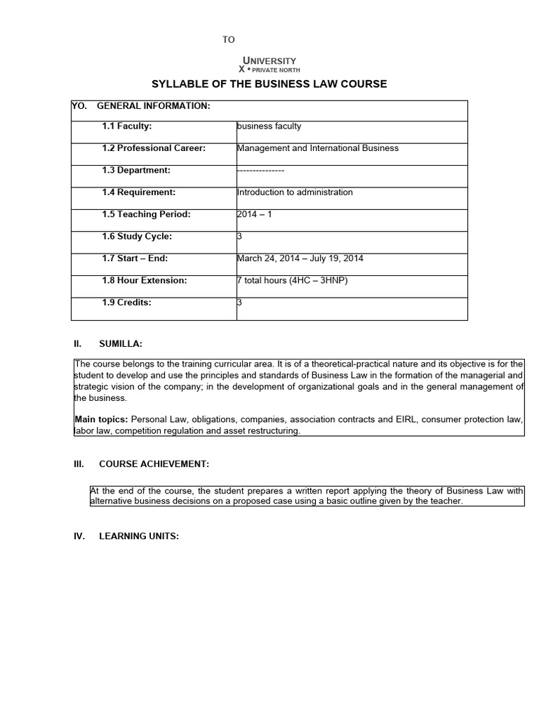 Business Law Course Syllabus. Upn | PDF | Deductive Reasoning | Analysis