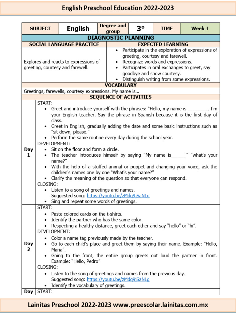 05 September - Preschool English (2022-2023) | PDF | English Language ...