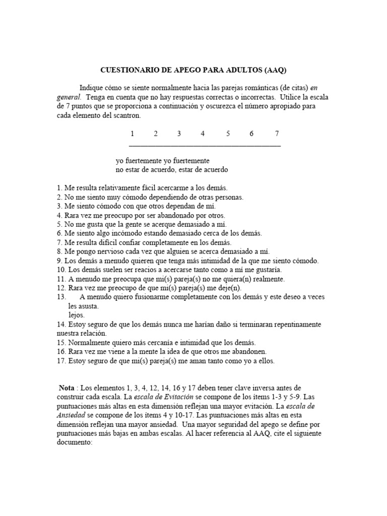 Cuestionario de Apego para Adultos (AAQ) | PDF