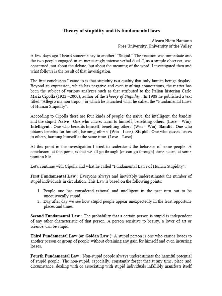Theory of Stupidity and Its Fundamental Laws | PDF | Rationality ...