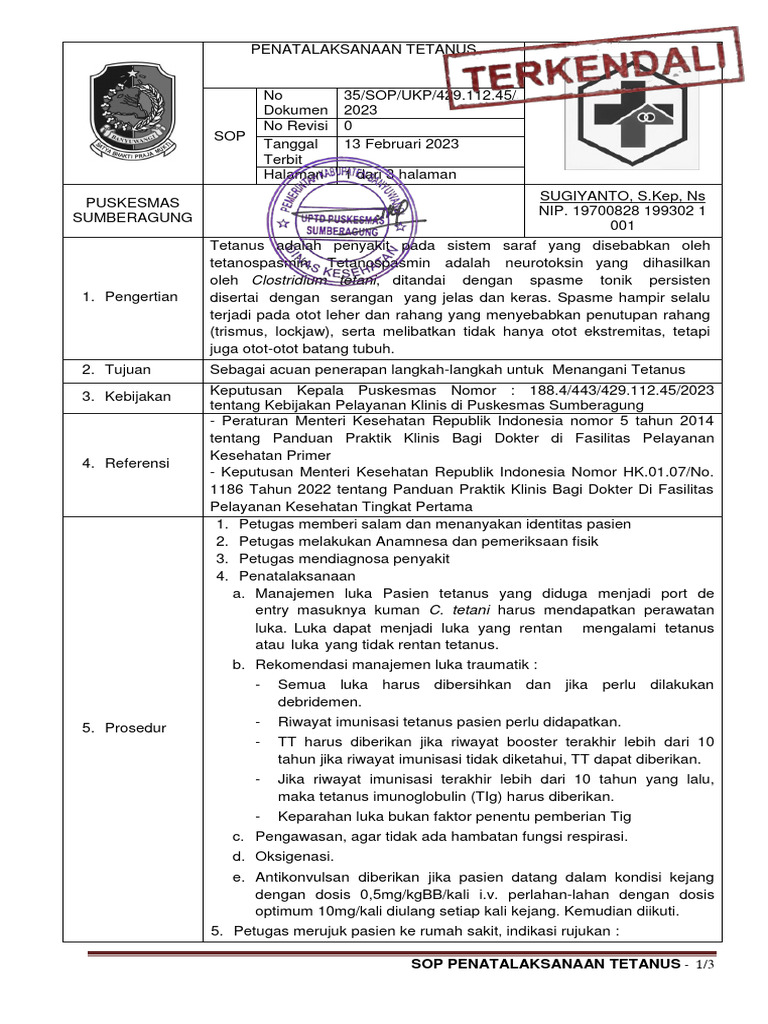SOP Penatalaksanaan Tetanus Puskesmas | PDF | Sains & Matematika