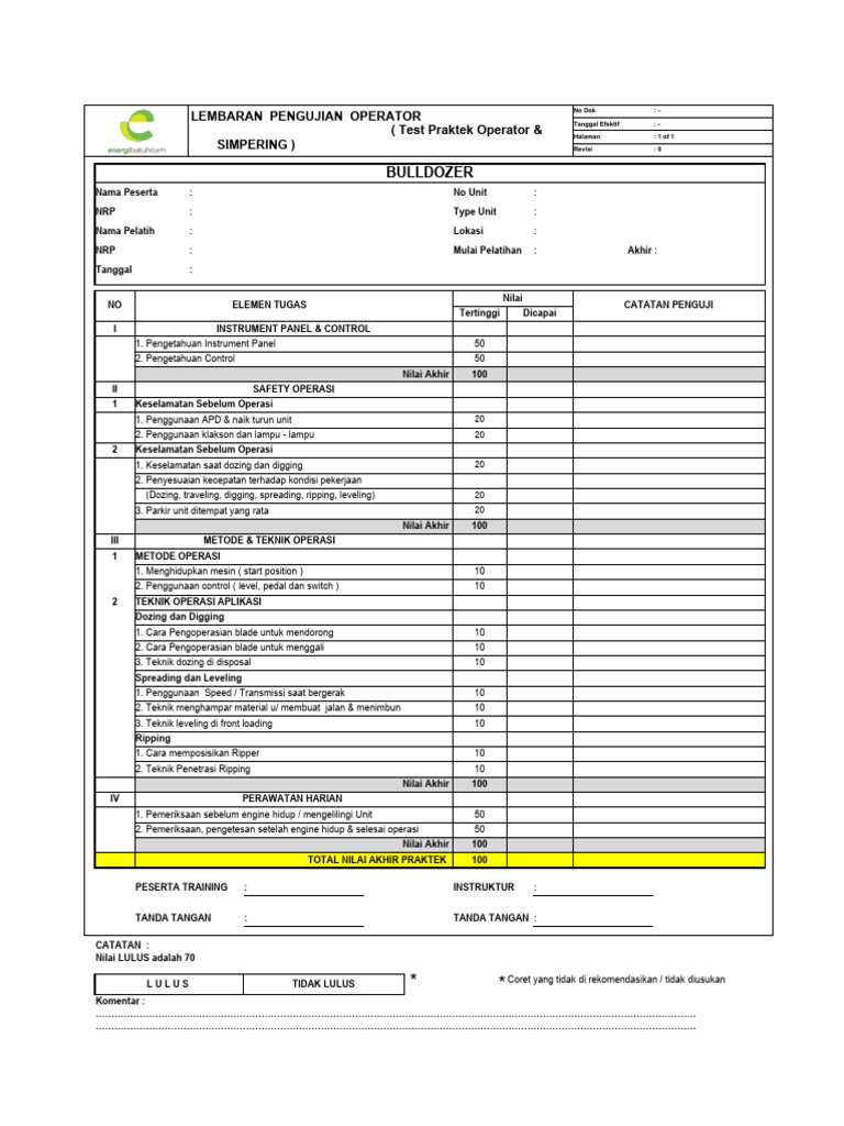 Lembar Pengujian Operator | PDF