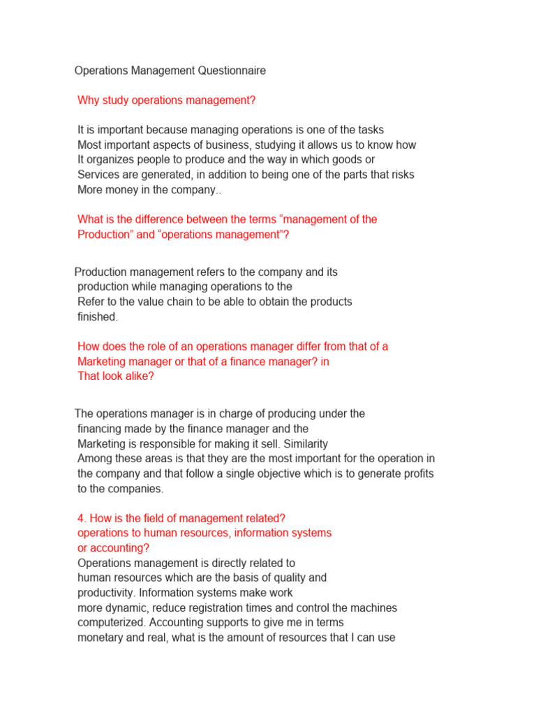 Operations Management Questionnaire | PDF | Operations Management ...