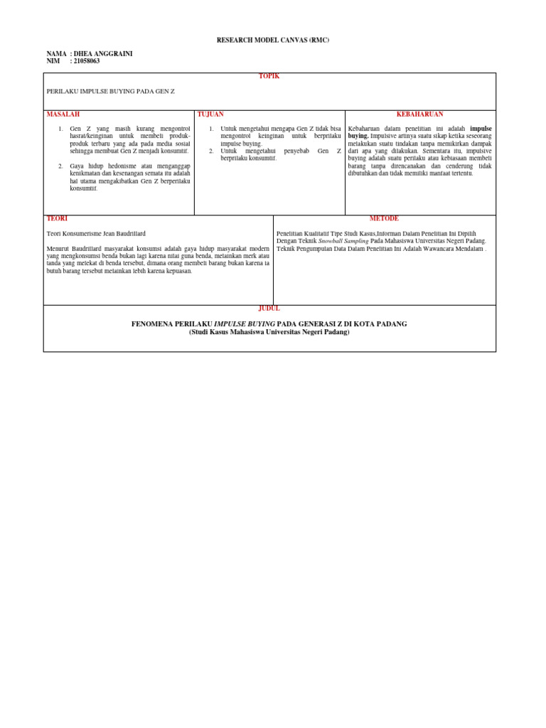 Research Model Canvas (RMC) Dhea Anggraini 21058063 | PDF | Karier ...